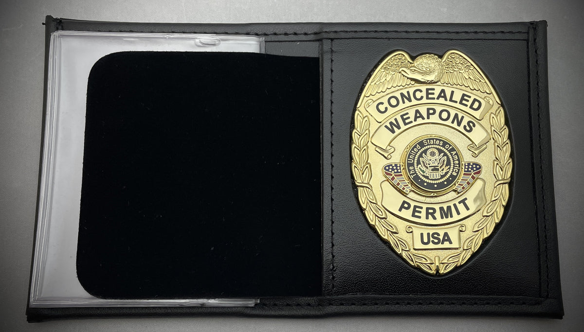 Concealed Weapons Permit Badge with Center Flags and Bifold Wallet with Single ID | Chaplain Badge
