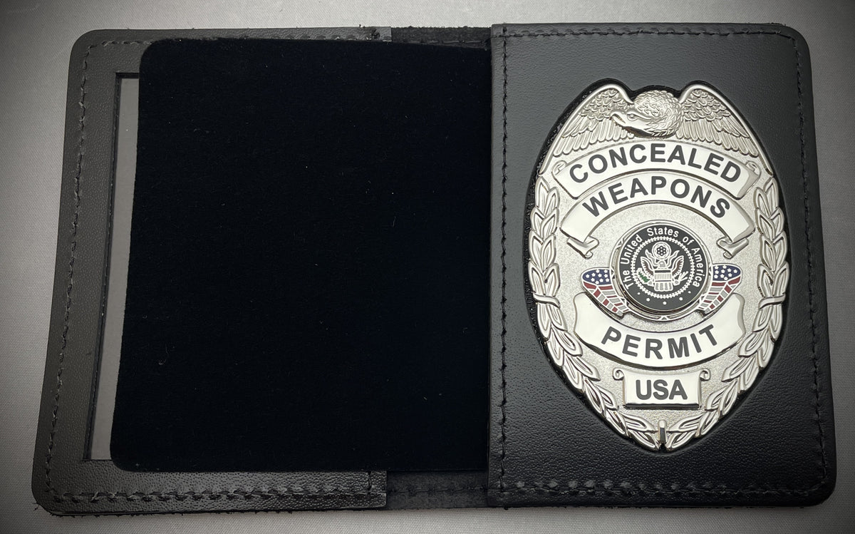 Concealed Weapons Permit Badge with Center Flags and Leather ID Holder ...
