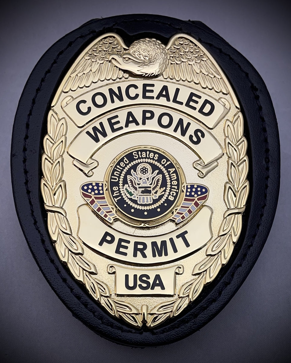 Concealed Weapons Permit Badge with center flags and leather belt clip ...
