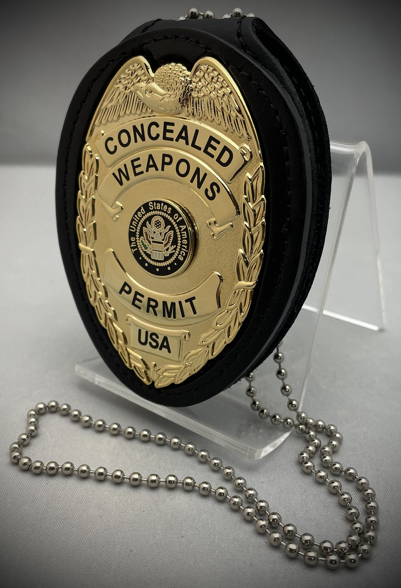 Concealed Weapons Permit Badge with leather belt clip holder (Gold or ...