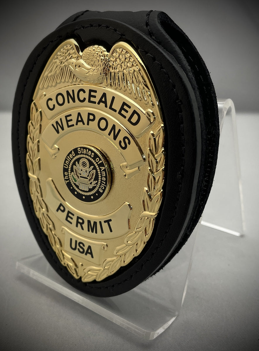 Concealed Weapons Permit Badge with leather belt clip holder (Gold or ...