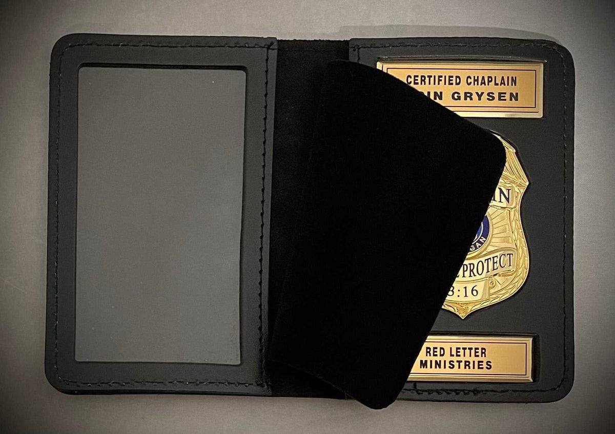 Chaplain Serve and Protect Gold Badge and 2 Nameplates leather ID ...
