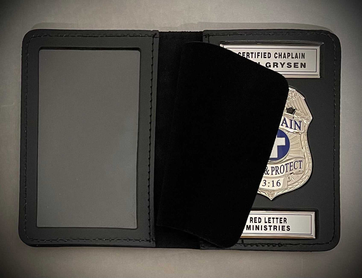 Chaplain Serve and Protect Silver Badge and 2 Nameplates leather ID ...