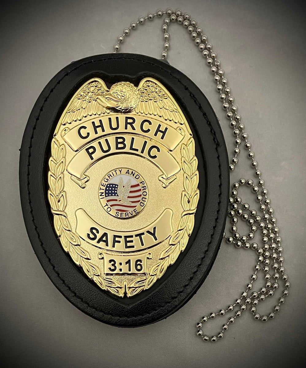 Church Public Safety Badge with leather belt clip holder (Gold or ...