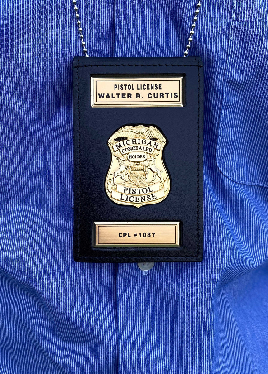 Michigan Concealed Carry Badge with 2 plate Leather Holder | Chaplain Badge